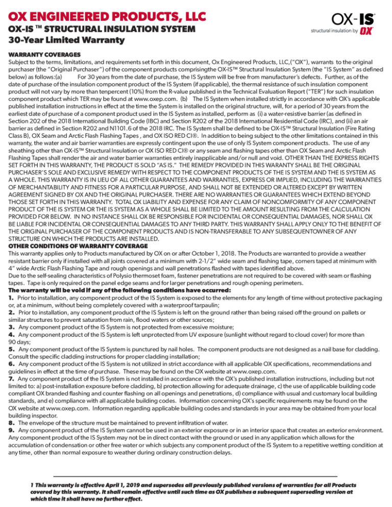 OXIS warranty 2020 | OX Engineered Products