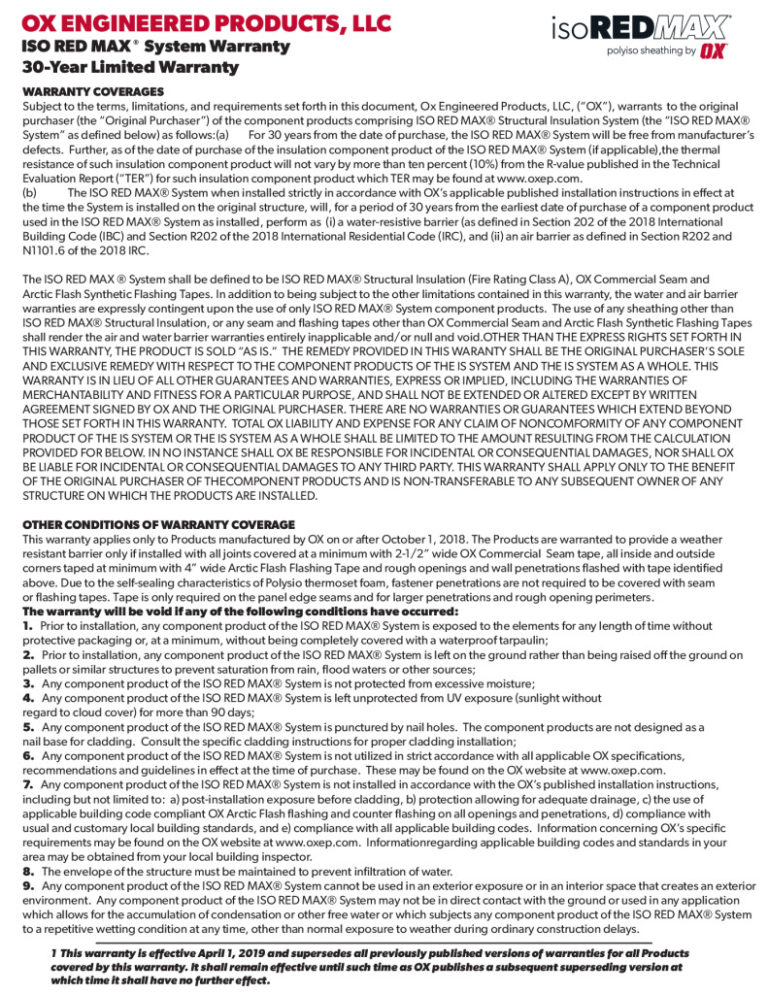 ISO RED MAX Warranty | OX Engineered Products